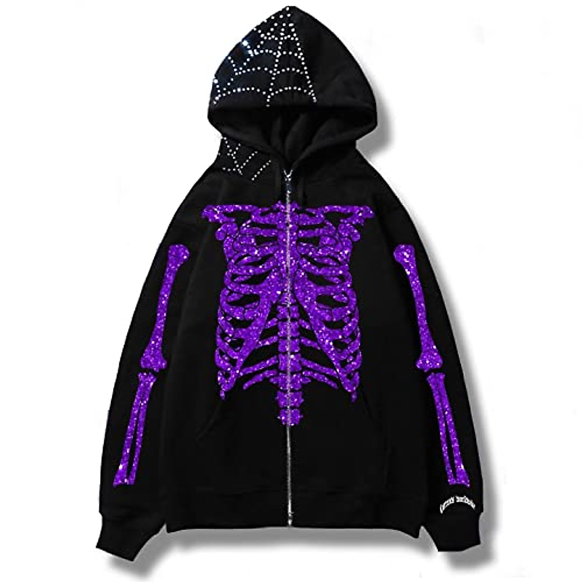 AQQYA Skeleton Zip Up Hooded Sweatshirt for Men Women, Y2K Diamond Glitter Grunge Punk Dark E-Girl Hoodie