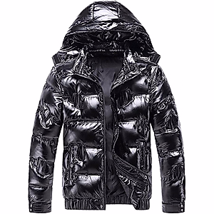 Homisy Puffer Jacket Men Winter Lightweght Reflective Shiny Hooded Down Insulated Packable Puffer Coat Warm Bomber Jacket