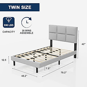 Molblly Twin Bed Frame with Upholstered Headboard, Strong Frame and Wooden Slats Support, Non-Slip and Noise-Free, No Box Spring Needed, Easy Assembly, Light Grey