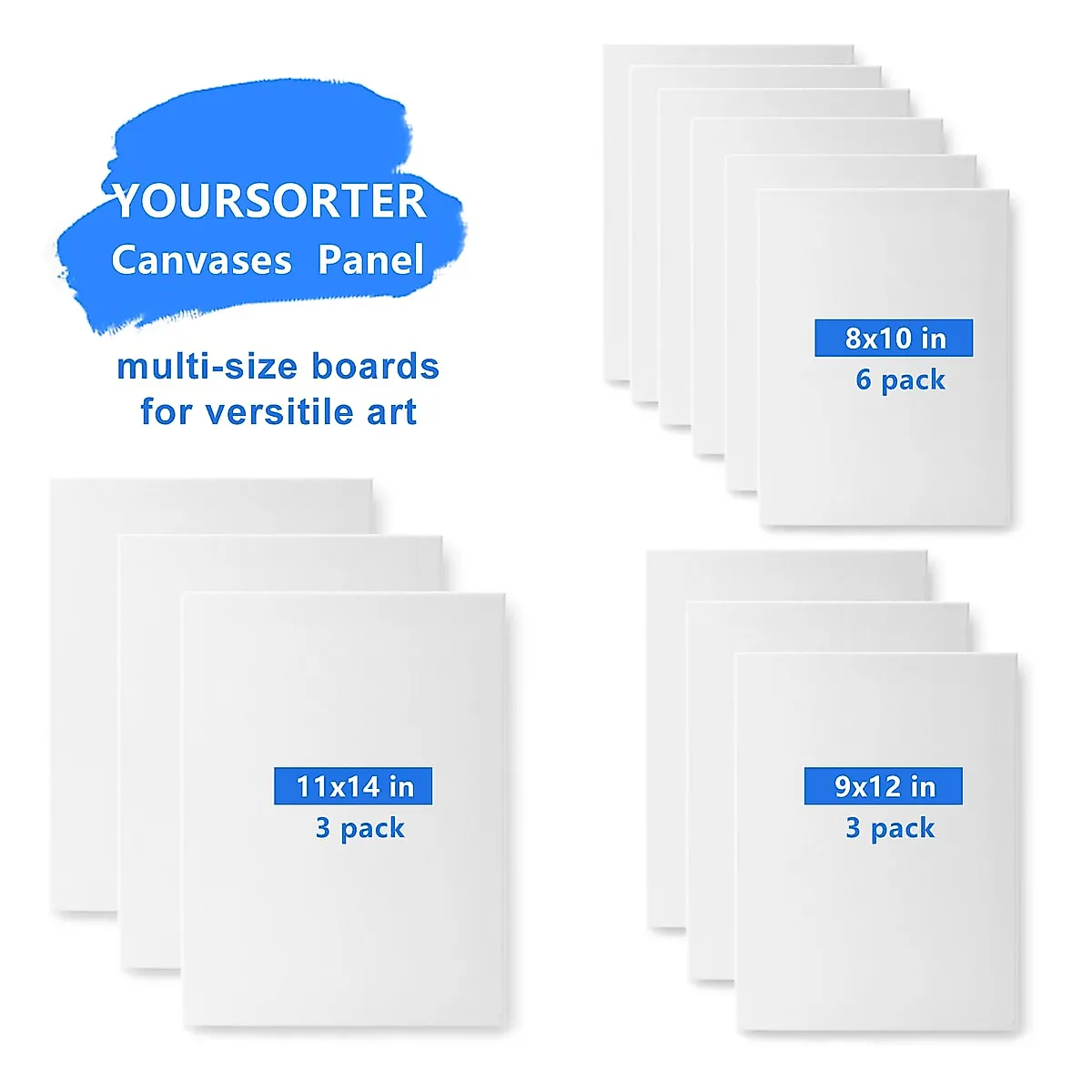 Canvases for Painting 12 Pack, Painting Canvas Boards 8x10(6pcs), 9x12(3pcs), 11x14(3pcs), Primed 100% Cotton Blank Canvas Panels Painting Supplies for Acrylic Oil Tempera Watercolor Paints