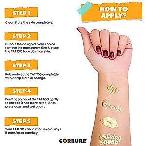 CORRURE 48pcs Birthday Tattoos - Gold Temporary Tattoos Metallic for Women and Men - Happy Birthday Squad Tattoos for Girls, 18th 21st 25th 30th or Any Adult Bday - 11 Flash Party Tattoos