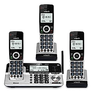 VTech VS113-3 Extended Range 3 Handset Cordless Phone for Home with Call Blocking, Connect to Cell Bluetooth, 2" Backlit Screen, Big Buttons, and Answering System, Silver & Black