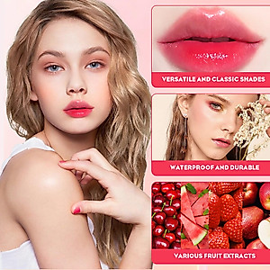 Lip Tint Korean Stain Set, 4 Colors Tinta Para Labios Water Long Lasting Waterproof Easy Apply Plumping Lip Moisturizing Mini Lipstick(Apple & Strawberry &Watermelon& Cherry)