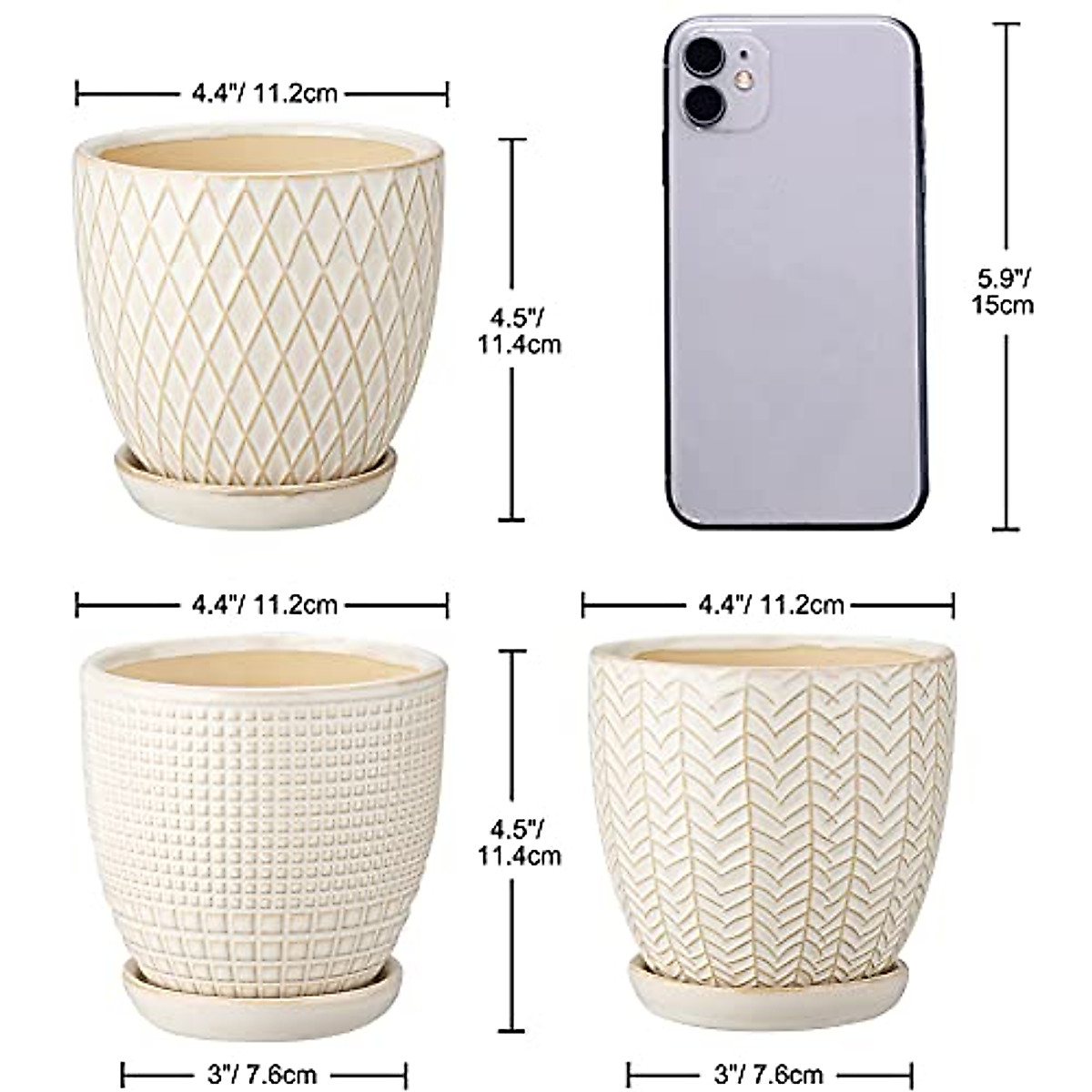 Oairse 4 inches Ceramic Planter Pots 3 Set of Small Round Flower Pots with Drainage Hole and Ceramic Tray for Succulents Cactus Indoor Outdoor Garden Home Windowsill