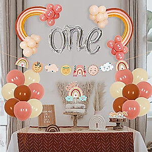 Boho Rainbow 1st Birthday Decorations, Bohemian Rainbow Balloon Happy Birthday Banner Cake Toppers for Girls First Birthday Party Supplies