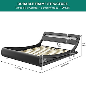 YITAHOME Queen Bed Frame,Upholstered Led Bed Frame with Lights & Storage Charging Station,Platform Bed Frame with Premium Pu Leather/No Box Spring Needed,Obsidian Black