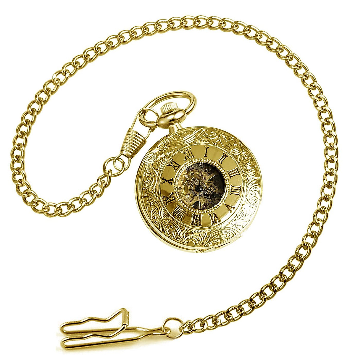 VIGOROSO Mens Pocket Watch with Chain Half Hunter Double Cover Skeleton Mechanical Watches Gold Roman Numeral in Box