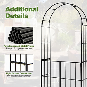 Tangkula 7.5Ft Garden Arbor with Gate, Metal Garden Arch with Trellis for Climbing Plants, Roses, Vines, Outdoor Garden Archway for Wedding Bridal Party Decoration Ceremony (Black)