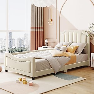 Harper & Bright Designs Upholstered Twin Daybed Frame for Kids,Velvet Twin Beds with Classic Stripe Shaped Headboard, Wood Cute Twin Bed Frames for Children Girls Boys,Beige