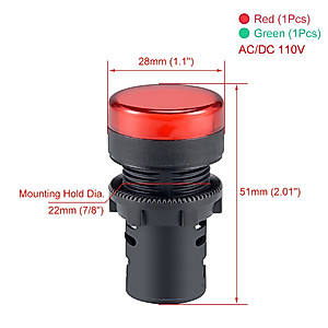 uxcell 2Pcs Red Green Indicator Light AC/DC 110V, 22mm Panel Mount, for Electrical Control Panel, HVAC, DIY Projects