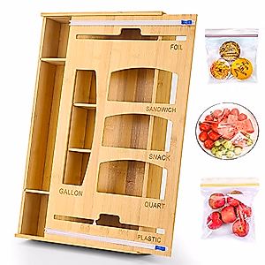 Plastic Wrap Dispenser with Cutter and Ziplock Bag organizer, TITETE 6 IN 1 Bamboo Foil and Wrap Dispenser with Cutter for Kitchen Drawer, for Gallon, Quart, Sandwich and Snack, 12" Kitchen Rolls