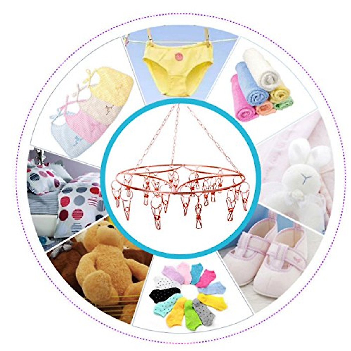 A.B Crew Round Laundry Clothesline Hanging Rack for Drying Clothing with 20 Stainless Steel Clothespins 5 Free Quilt Clip(Rose Gold)