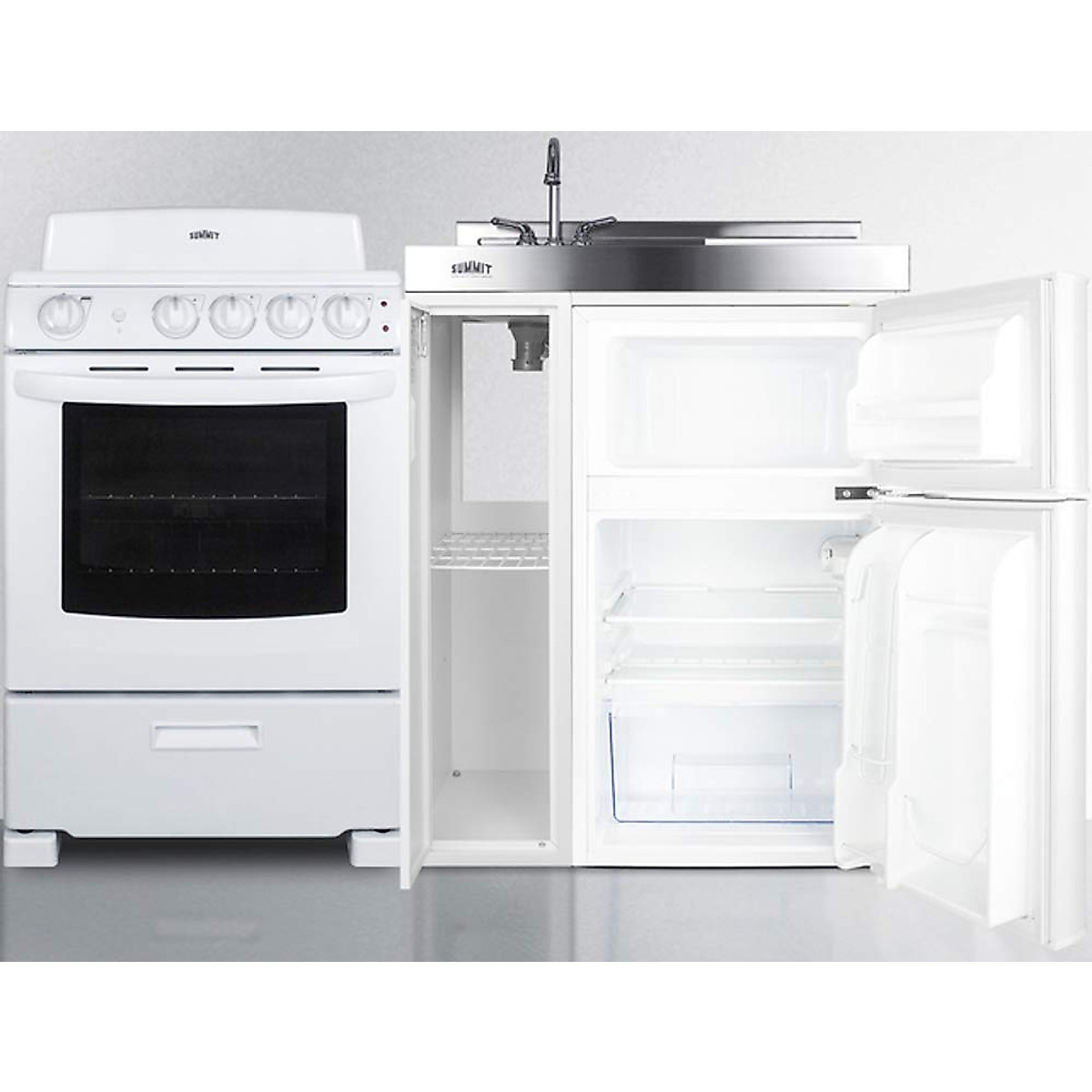 Summit Appliance ACK54COILW 54" Wide All-in-One Kitchenette with 220V 4-Element Electric Coil Range, Refrigerator-Freezer, Sink, Cutting Board and Cutlery Storage, and a Storage Cabinet