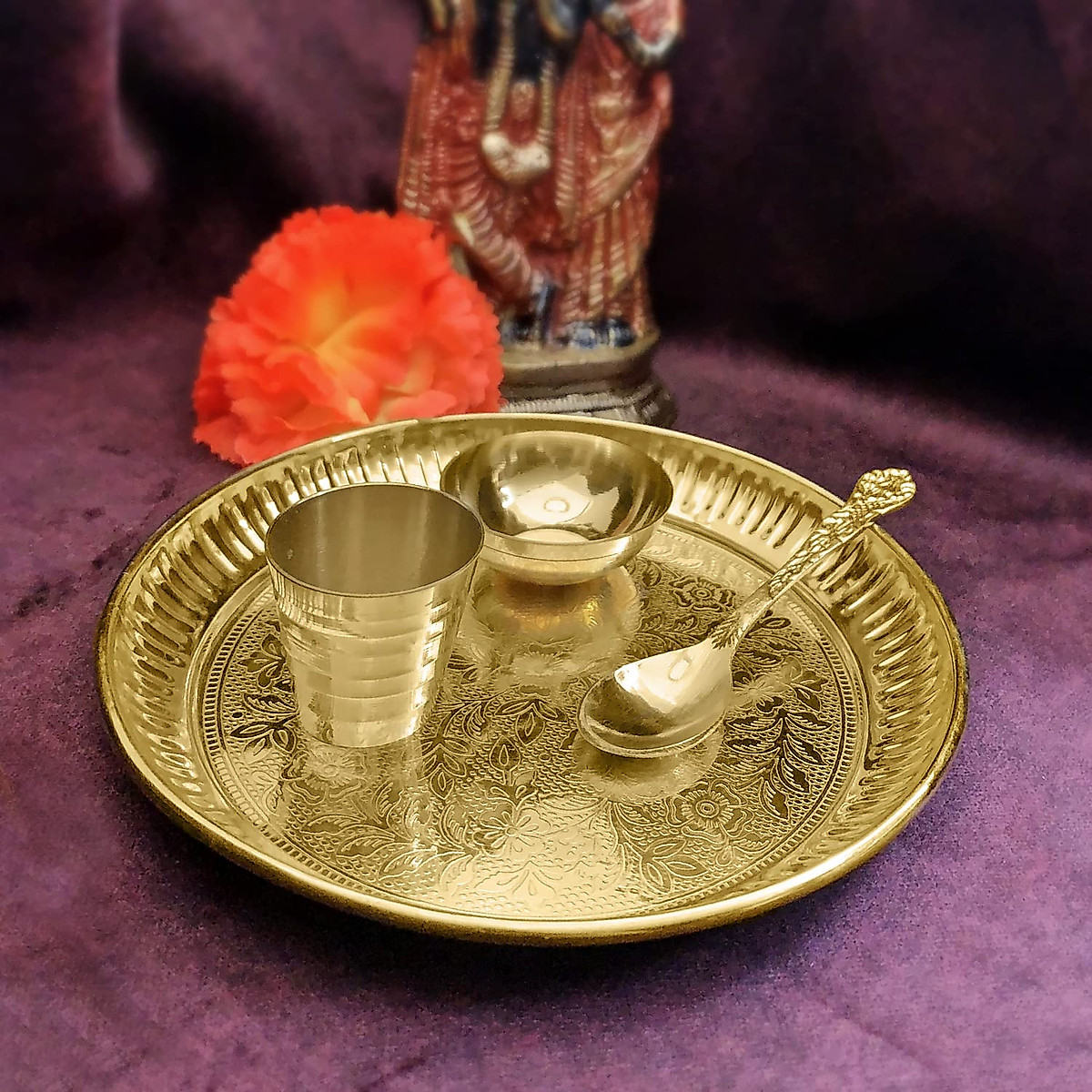 Satvik Brass 4 Pc Bhog Thali Set for Laddu Gopal with Glass, Bowl and Pooja Spoon for Home and Temple Kanha Ji Bhog Plate Set (Large)