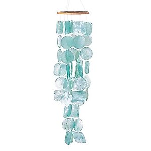 Solange & Frances Wind Chimes for Outside - Unique Aqua Sea Glass Capiz Shells Windchime for Outdoors. 26 Inch Garden Decor Makes A Great Gift for Christmas.