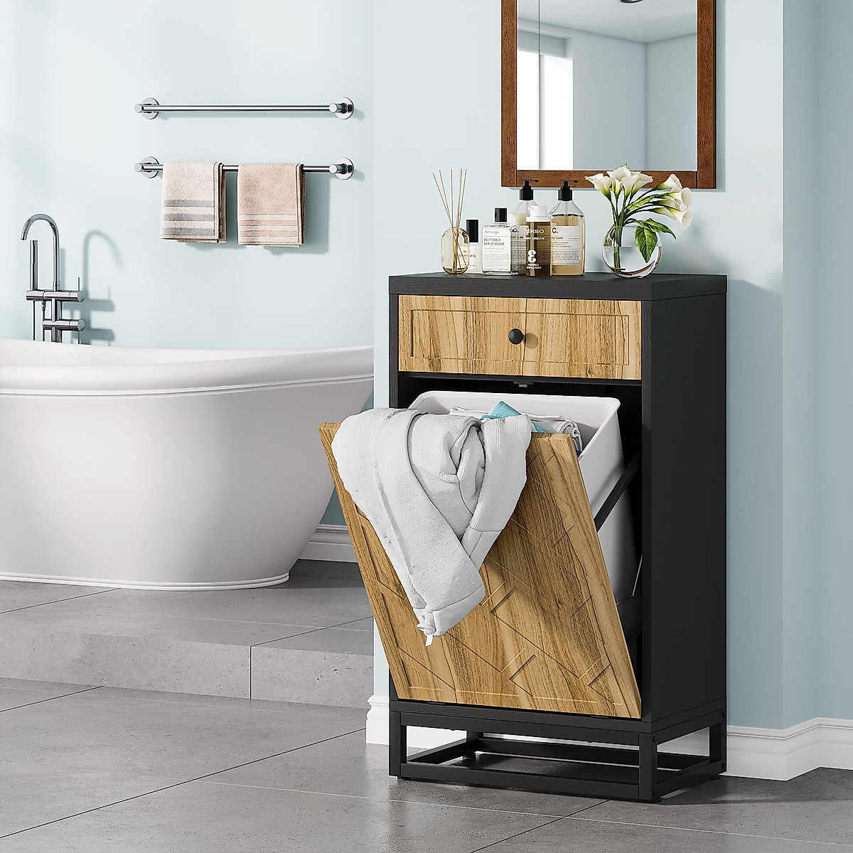 Condemo Tilt Out Trash Can Cabinet, 10 Gallon Trash Bin Cabinet with Drawer, Modern Recycling Storage Cabinet for Kitchen, Dining Room, Laundry, Brown and Black (No Trash Can)