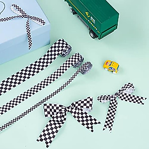 Kuscul 3 Rolls White Checkered Printed Ribbon Black Grosgrain Ribbon Racing Car Theme Checkered Ribbon Gingham Buffalo Plaid Wrapping Ribbon for DIY Crafts Wreath Gift Wrapping, 15 Yard