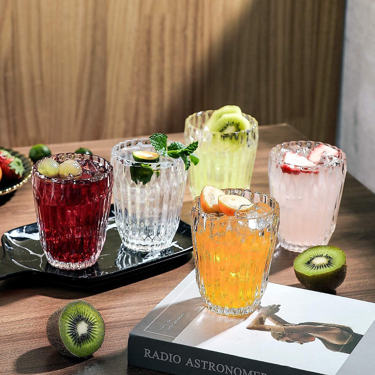 Vintage Juice Glasses 7.9 oz. set of 6 from 1500 C Tabletop Stripe Cup Old Fashion Tumbler Antique European Style woman Drinking Water Glassware Whiskey Iced-tea Beverage Milk Soda Coke for Home