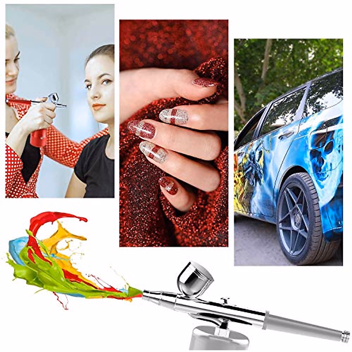 COSSCCI Handheld Airbrush Kit, Mini Air Compressor Spray Gun Set Single Action USB Rechargeable Airbrush for Makeup Art Nail Painting Tattoo Manicure Cakes (Silver)