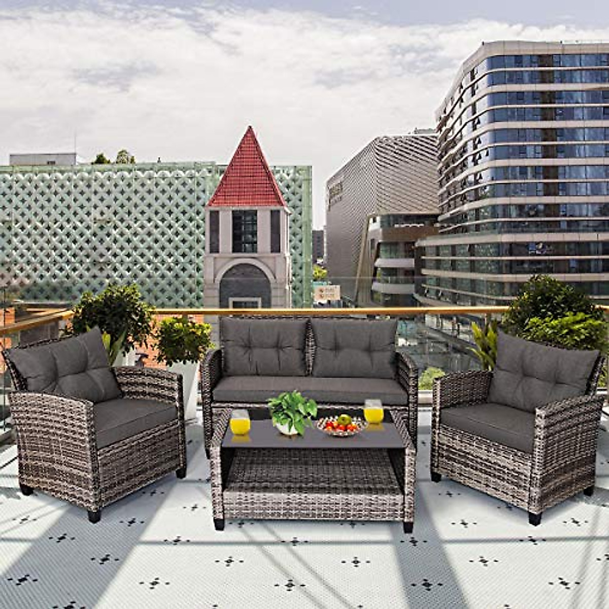 Tangkula 4 PCS Patio Wicker Conversation Furniture Set, Outdoor Rattan Sofa Set with Padded Cushion & Tempered Glass Coffee Table, Wicker Sectional Sofas & Table for Courtyard Balcony Garden (1, Grey)