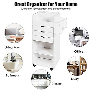 Tangkula Rolling Storage Drawer Cart, Home Office Mobile Drawer Cart, Wooden Utility Cart Storage Cabinet w/ 3 Drawers & 3 Open Storage Shelves, Paper Organizer w/Lockable Casters