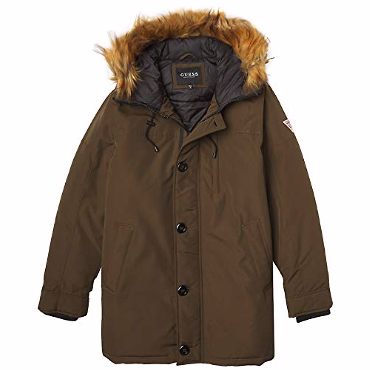 GUESS Men's Heavyweight Hooded Parka Jacket with Removable Faux Fur Trim, Olive, Small