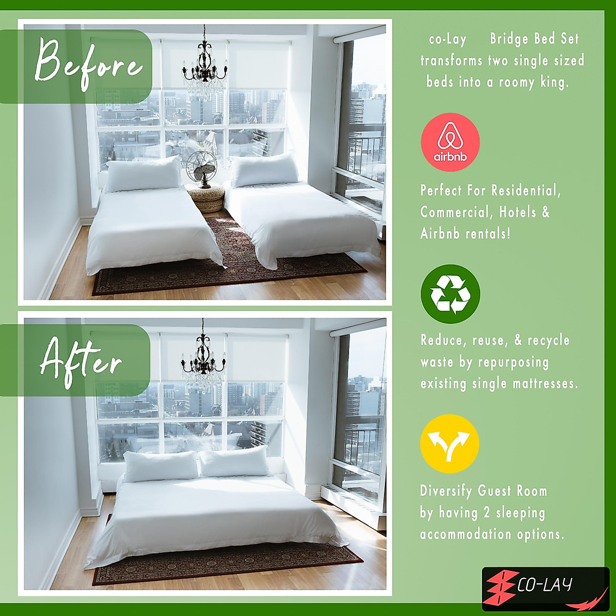 CO-Lay Bed Bridge Twin to King Converter Kit - Twin Bed Connector King Maker - Mattress Extender Joiner Gap Filler - Split King Bed Connector, Twin to King or Twin XL to King