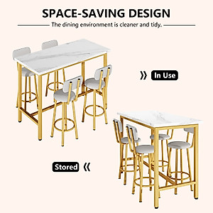 Recaceik Dining Table Set, 43.3” Rectangle Pub Bistro Dining Set Kitchen Table Set Bar Table with Backrest Stools, 5-Piece Breakfast Table Set with Metal Frame for Dining Room w/ 4 Chairs-Gold