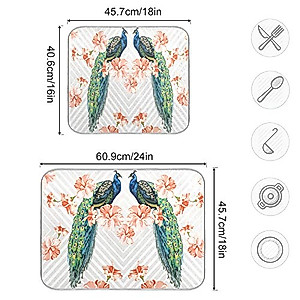 Animal Peacock Flower Floral Dish Drying Mat 24"x18" Absorbent Machine Washable Hanging Fast Dry Pad Dish Protective Mat for Kitchen Countertop Heat Resistant Dinner Table Mat