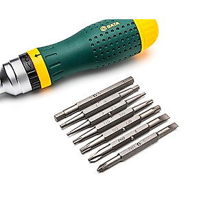 SATA 19-in-1 Multipurpose Ratcheting Screwdriver Set with 8 Double-Sided Bits and a Green and Yellow Oil-Resistant Handle - ST09350, 10 Piece