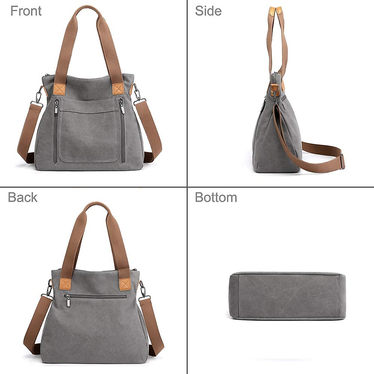 JIANLINST Women Canvas Shoulder bags Hobo Tote Bags Casual Satchel Handbags Crossbody Shopper Bags Gray