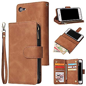 UEEBAI Wallet Case for iPhone SE 2022 5G/iPhone 7/iPhone 8/iPhone SE 2020, Premium PU Leather Magnetic Handbag Zipper Pocket Card Slots with Wrist Strap Flip Case for iPhone SE3/SE2 - Brown