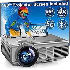 5G WiFi Bluetooth Projector, Native 1080P 8500L YOWHICK Outdoor Projector 4K Support, Mini Portable Movie Projector with Screen, for HDMI, VGA, USB, Laptop, iOS & Android Phone