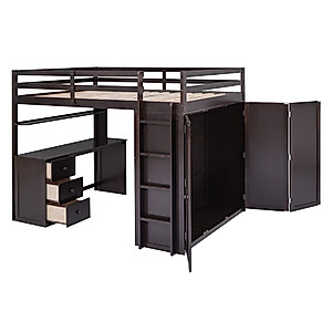 Merax Loft Bed Full Size Adult, Wooden Frame with Desk and Storage, Space-Saving Design with Wardrobe & 3 Drawers, for Teen Girls & Boys(Espresso)