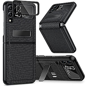 Caka Compatible for Galaxy Z Flip 3 5G Kickstand Case, Z Flip 3 Case with Camera Protector Hinge Protection Wireless Charging Cover Case for Samsung Galaxy Z Flip 3 (Carbon Fiber Black)