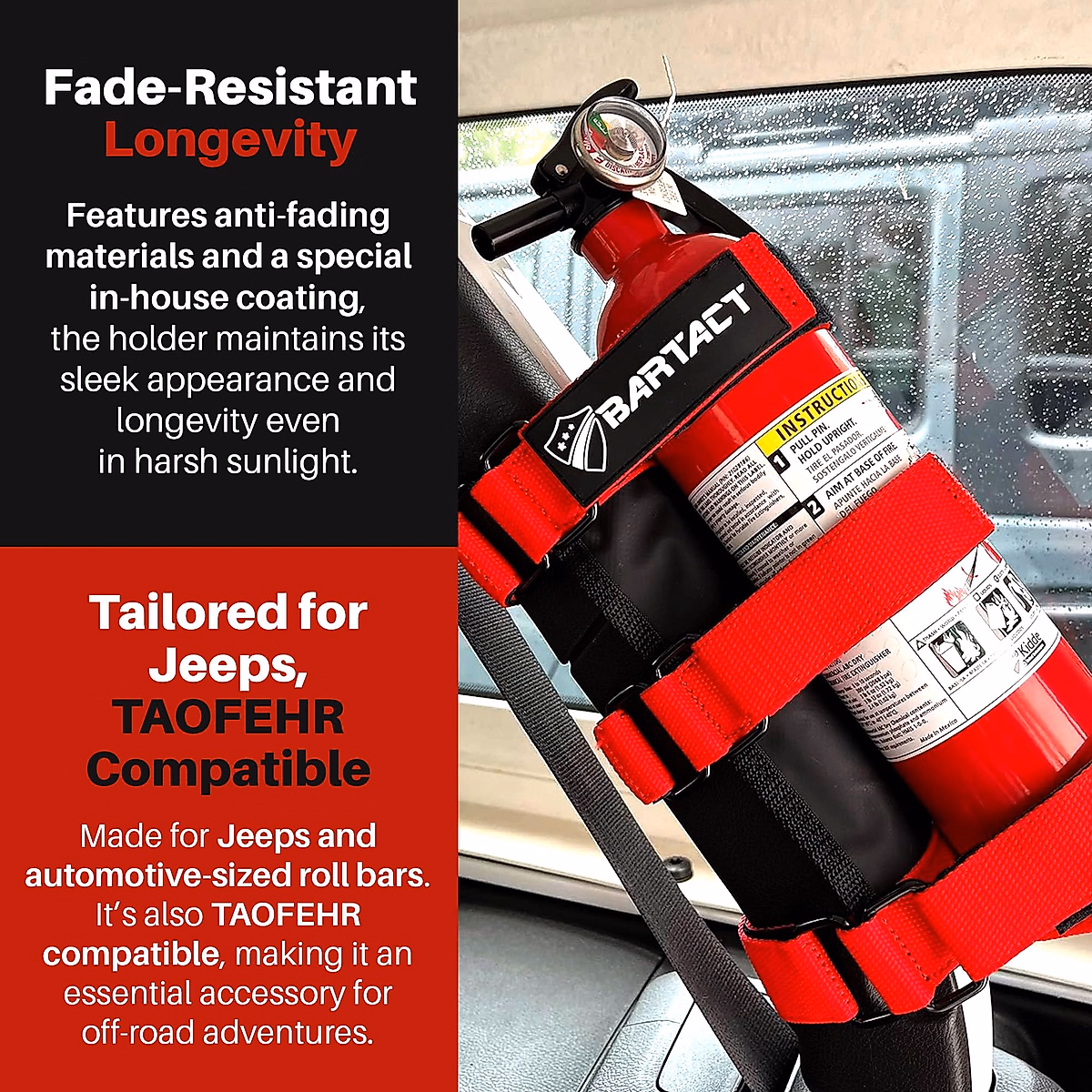 Bartact - Padded Roll Bar Fire Extinguisher Mount for Vehicle Holder with Adjustable Steel Brackets, US Made Anti-Fade Off-Road for Jeep Fire Extinguisher Holder, Jeeps TAOFEHR, Red (2.5-5 lbs)