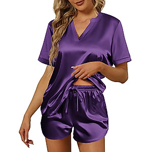Ekouaer Silk Pajamas for Women Short Sleeve Sleepwear Two-piece Pjs Set Soft V Neck Loungewear Tops with Pj Shorts Purple X-Large