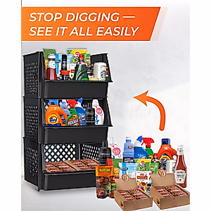 Skywin TidyFriend Large Plastic Stackable Storage Bins for Pantry Black - 3-Pack, Large Stackable Bins For Organizing Food, Kitchen, and Bathroom Essentials (Rhombus)