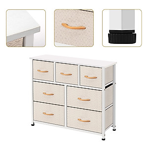 AZL1 Life Concept Storage Organizer 7-Drawer Closet Shelves, Sturdy Steel Frame Marbling Wood Top with Easy Pull Fabric Bins for Clothing, Ivory