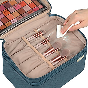 NISHEL Large Double Layer Travel Makeup Bag Women, Cosmetic Case, Organizer for Travel-Size Accessories Bottles, Brushes, Conditioner, and Skin Care Products, Lake Blue