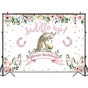 Avezano Horse Birthday Backdrop 7x5ft Pony Girl Birthday Party Background Pink Floral Happy Birthday Decorations Cowgirl Birthday Dessert Table Banner