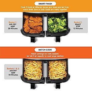 Gourmia 9-Quart Dual Basket Digital Air Fryer, with 7 Functions, Smart Finish and Match Cook,Black/Silver