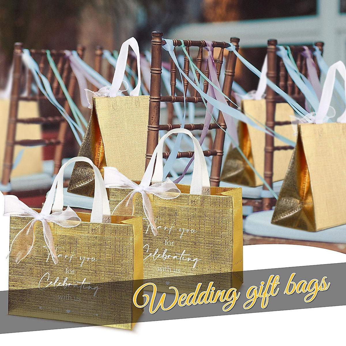 CHENGU 50 Pcs Thank You Gift Bags Thank You for Celebrating with Us Wedding Gift Bag Welcome Bag Birthday Glossy Tote Ribbon Reusable Bag for Hotel Guest Bachelorette Party Bridal Shower(Gold)