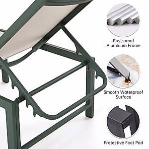 RICNOD Outdoor Pool Lounge Chairs, Patio Aluminum Chaise Lounge, Five-Position Recliner Loungers for Poolside Yard Balcony Deck Beach (Green, 1 pc)