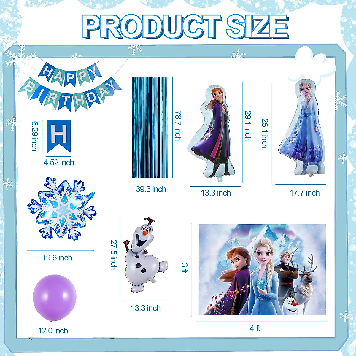 Frozen Birthday Party Supplies, Frozen Party Decorations 82 PCS Include Frozen Backdrop Snowflake Balloon Garland Arch Kit, Elsa, Anna and Olaf Foil Balloon and Happy Birthday Banner for Kids Birthday
