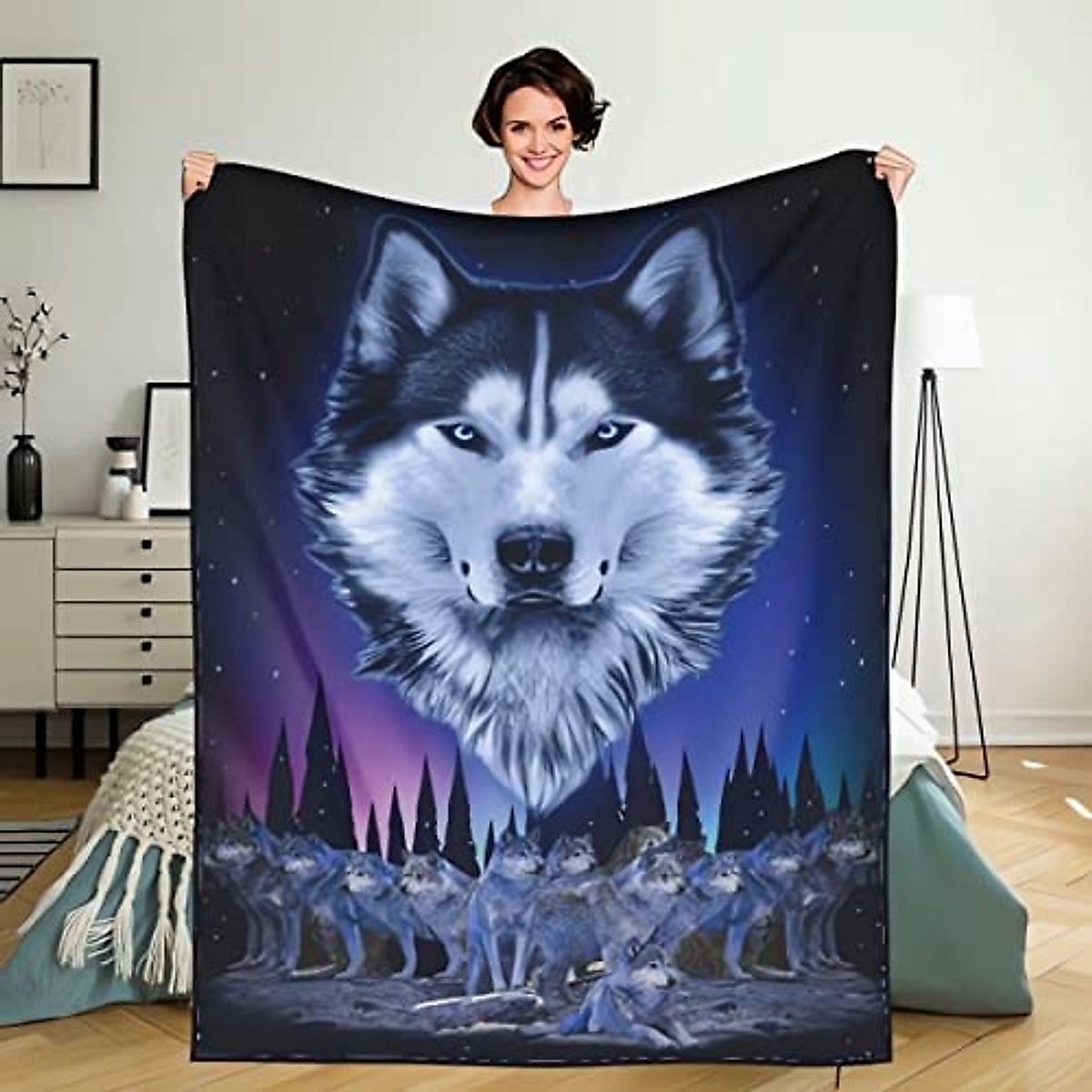 PAVQWEJ Flannel Throw Blanket, Winter Wolves Animal Home Decor Perfect for Bed and Sofa Blankets for All Season Microfiber Durable Couch Blankets（60"x 50"）
