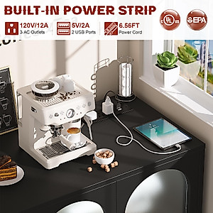 Aheaplus Sideboard Buffet Cabinet with Power Outlet, Kitchen Sideboard Storage Cabinet with LED Light, 4 Doors, Modern Accent Cabinet Coffee Bar Cabinet Console Table for Kitchen Dining Room, Black