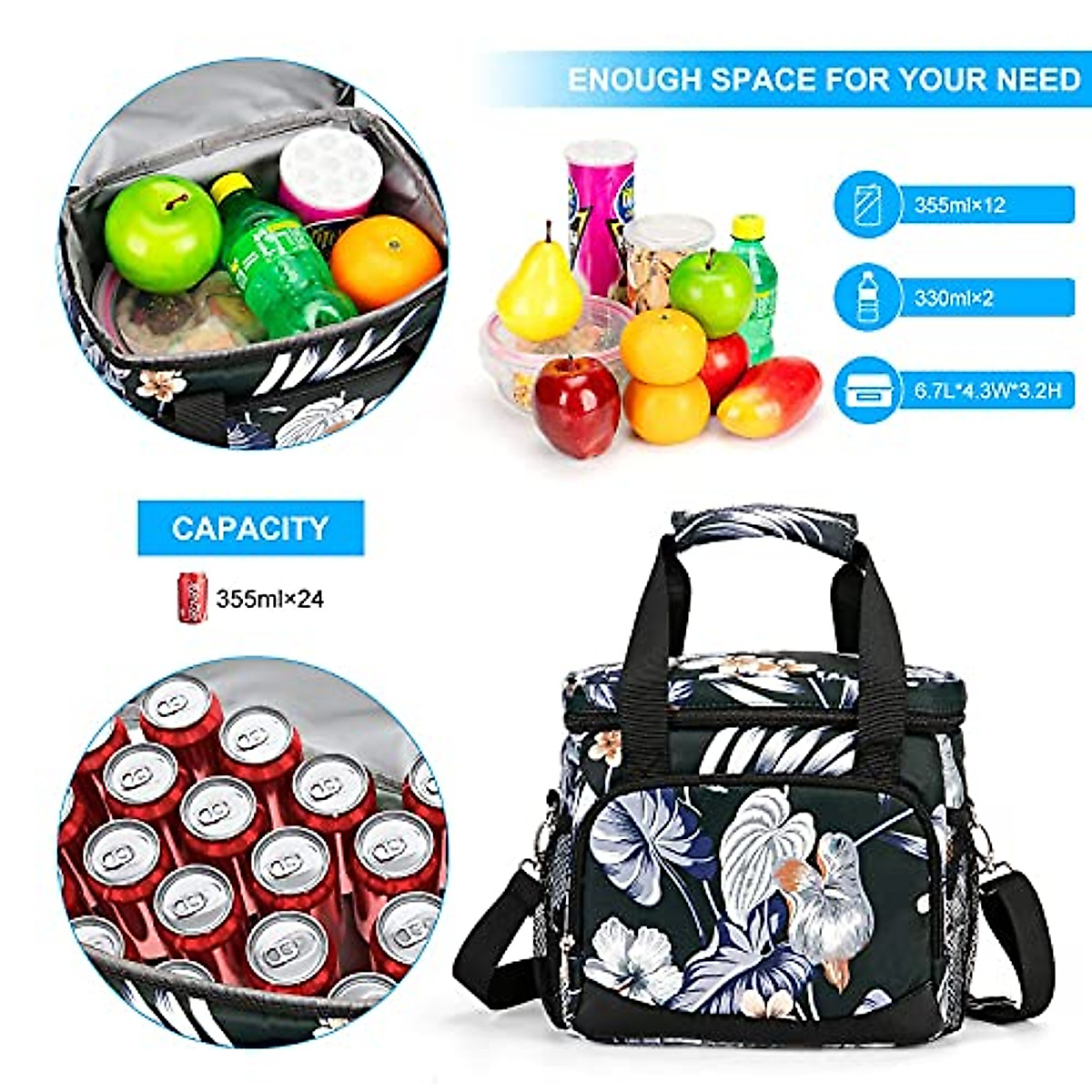 SARHLIO Insulated Lunch Bag for Women Men Reusable Lunch Box with Padded Adjustable Shoulder Strap Large Wide-Open Leakproof Cooler Tote Bag for Office Work School Picnic Beach(BPK01B)