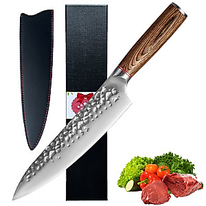 HALOYIVGO 8 Inch Chef Knife, Hand Forged Professional Chef's Knife with Pakkawood Handle, AUS-8 High Carbon Stainless Steel, Kitchen Meat Vegetable Knife with Leather Sheath and Gift Box