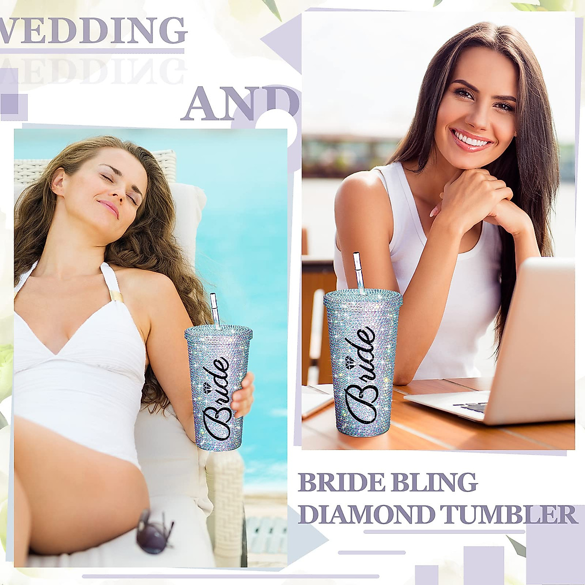 Hoolerry Bling Studded Rhinestone Tumbler Glitter Diamond Cup 16.9 oz Stainless Steel Insulated Reusable Water Bottle with Straw Lid and Brush for Women Bachelorette Shower Wedding Gift(Bride)